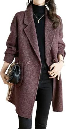 Generic Manteau en laine &agrave; chevrons &agrave; revers crant&eacute; pour femmes, travail de bureau formel, manteau dhiver &agrave; pois &agrave; double boutonnage (Violet,TG)