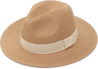 Dreshow Damen Panama Hut Breiter Krempe Stroh Sommer Fedora Strohhut Panama Aufrollen Hut Strand Rollbar UV Sonnenhut UPF 50 +