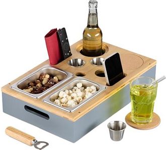 Relaxdays Couchbar, Bambus, 2X Edelstahlschale, Getränke- & Weinglashalter, 3X Dipschalen, Couchorganizer, grau/Natur