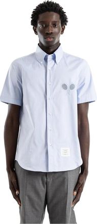 Thom Browne Homme, Chemises, Bleu, Taille: L Chemise &agrave; Manches Courtes Unie en Popeline avec Broderie Raquette de Tennis