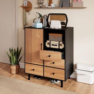Costway Buffet avec Rangement, Bahut avec 4 Tiroirs & Compartiment Ouvert, Pieds Métalliques 80 x 45,5 x 97,5 cm pour Salon, Noir