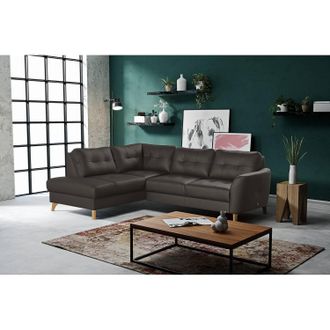 Loftscape home24 Ecksofa Heimari II Braun/Dunkelbraun Echtleder Mabel 236 x 82 x 190cm Ottomane davorstehend links mit Schlaffunktion Modern