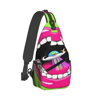 Generic Polyester Sacoche Bandouliere L&egrave;vres mignonnes avec un dessin dextraterrestre ou dOVNI Sling Bag Casual Sac &agrave; Dos Militaire pour &eacute;cole Homme Femme