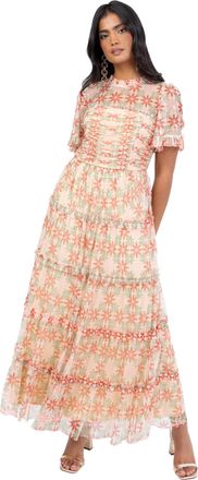 Anaya with Love Womens Midaxi Dress Ladies Recycled Short Sleeve High Neck Floral Sequin Embellished Tulle Tiered Frill Ruched A-line, Mehrfarbig 36