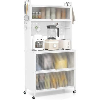 Costway Meuble Cuisine Rangement 5 Niveaux, Etagere Rangement Cuisine en Fer, Portes Battantes, Panneau Perfor&eacute;, 10 Crochets, Armoire Cuisine &agrave; Roulette