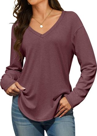 Onsoyours Damen Tiefer V-Ausschnitt Tshirt Langarm Tunika Herbst Winter Oberteile Casual Longshirt Basic Tops A Weinrot XL