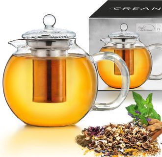 Creano Teekanne aus Glas 1,7l, 3-teilige Glasteekanne mit integriertem Edelstahl Sieb und Glasdeckel, ideal zur Zubereitung von losen Tees, tropffrei, All-in