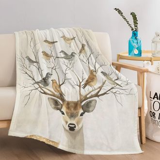 Generic Decke Hellgrau super weiche Decke mit Anti-Pilling Flanell 130 x 150 cm f&uuml;r Erwachsene Kinder 3D-Druck Hirsche Und V&ouml;gel Malen f&uuml;r Teens Weiche Mikrof