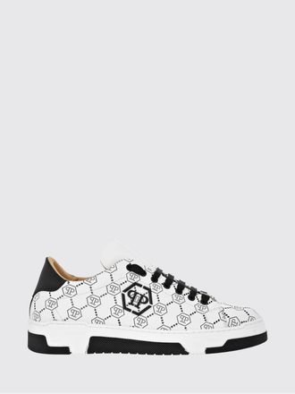 Philipp Plein Niedrige Leder-Sneaker mit Strass-Hexagon-Logo