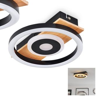 HOFSTEIN LED Deckenleuchte Taboneira, moderne Deckenlampe aus Metall/Holz/Kunststoff in Schwarz/Natur/Wei&szlig;, runde Leuchte (&Oslash; 20 cm) mit Balken aus Echtholz, 11
