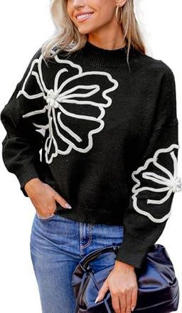 Cupshe Pull à manches longues pour femme - Col roulé - Motif floral - Automne - 2024, noir, X-Large