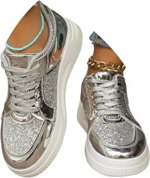 Minetom Femme Basket À Paillettes Basse Tenis Plateforme Lacets Chaussures Scintillantes Décontractées Sneakers A Argent 41 EU