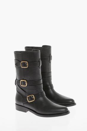 Celine Leder-Bikerstiefel mit Drei-Schnallen-Design Celine