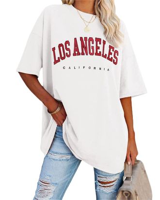 TOMWELL Damen Los Angeles Brief T-Shirt Kurzarm Sport Sommer Rundhals Oversize Oberteile mit Buchstaben Druck Lose Bluse Vintage Tunika Lang f&uuml;r Teen Girls To