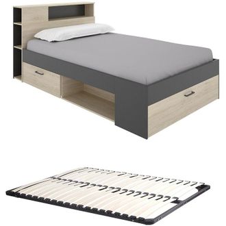 Vente-Unique Vente-unique - Lit avec t&ecirc;te de lit rangements et tiroirs - 120 x 190cm - Coloris : Naturel et anthracite + Sommier - leandre