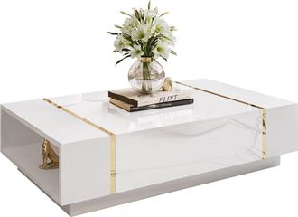 Lukmebel Couchtisch Wei&szlig; mit Gold Onyx -104x65x36 cm Couchtisch mit Stauraum - Push to Open - Wohnzimmertisch - Beistelltisch Couch - Sofatisch - Sofa Tisch - 