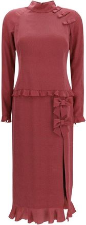 Alessandra Rich Gepunktetes Seidenkleid mit hohem Kragen- Midi-L&auml;nge - - Dresses - Damen - Rot - S