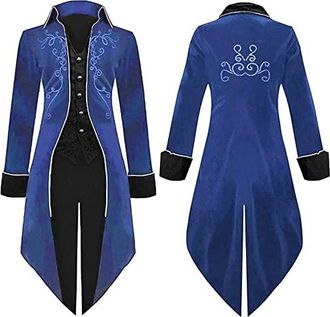 Generic Veste Longue &agrave; Col Montant- Tenue Medievale Manche Longue,Manteau Renaissance Queue de Pie avec Broderie Grande Taille Boutonn&eacute; Vintage Victorien Blou