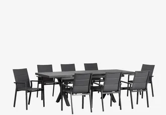Sklum Karena rechteckiges ausziehbares Tischset 180-240x90 cm und 8 stapelbare Gartenst&uuml;hle mit Aluminiumarmlehnen Grau Graphit - Sklum