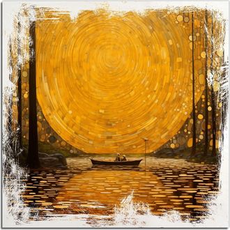 Wallario Wandbild aus Holz Goldene Flussfahrt - 40 x 40 cm in Premium-Qualität: Brillante Farben