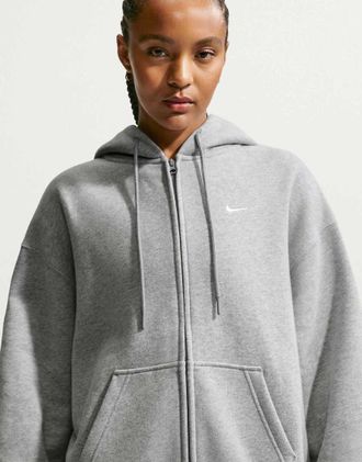 Nike Studio Fleece mittelschwerer Oversize-Kapuzenpullover mit durchgehendem Rei&szlig;verschluss in Grau