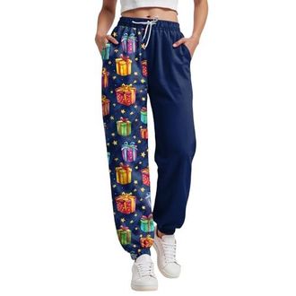 Generic Pantalon de Noël confortable pour femme, jogging élastique taille haute avec imprimé festif, pantalon de survêtement ample avec cordon de serrage pour