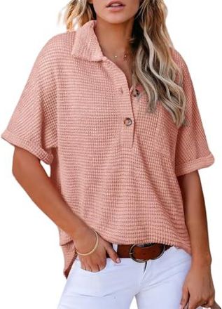 Generic Tunique Henley &agrave; manches courtes en tricot gaufr&eacute; pour femme, chemisiers d&eacute;t&eacute; en tricot gaufr&eacute; avec poche, rose, XXL