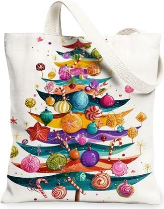 Generic Sac fourre-tout en toile motif sapin de No&euml;l, sacs r&eacute;utilisables avec bandouli&egrave;re vintage l&eacute;g&egrave;re et lavable pour voyage 33 x 38 cm