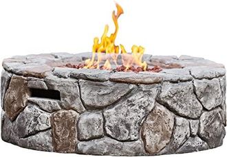Teamson Home Draussen Garten Runde Propangas-Feuerstelle Tischbrenner, rauchfreie Feuerstelle, Terrassenm&ouml;belheizung, Steineffekt mit Lavasteinen und Abdeckung