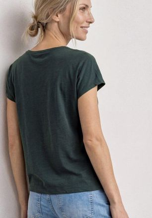 Street One Kurzarmshirt Sommershirt mit V-Neck und Deko-Detail/ mit seidigem Glanz