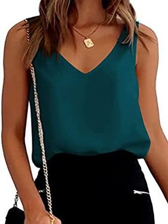 Onsoyours Chemise Et Gilet Femme Débardeurs pour Femmes Col en V Soie Été Satin Blouse sans Manches Basic Camisole Chemises Débardeur Femme A Vert Foncé M