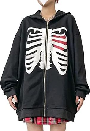 ORANDESIGNE Sweat à Capuche Femme Hoodies Fille Zippé à Manche Longue Veste Hauts Pull Casual Sweatshirt Manteau E-Girl Y2K Gothique Harajuku Pull L Noir M