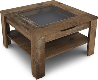 Byliving Couchtisch Ralph/moderner Sofatisch mit Glaseinlage und gro&szlig;z&uuml;giger Schublade in Old Wood-Optik/Beistelltisch mit viel Stauraum/B 67, H 43, T 67 cm