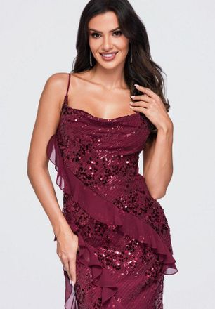 Ombre Abendkleid Damen Abendkleid Maxi mit asymmetrischen R&uuml;schen Bordeaux S (kein Set, 1-tlg) in Unifarbe