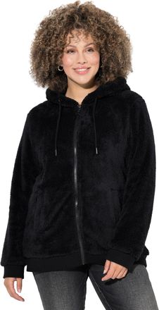 Ulla Popken Damen gro&szlig;e Gr&ouml;&szlig;en &Uuml;bergr&ouml;&szlig;en Plus Size Teddy-Jacke, Kapuze, Langarm, weicher Teddypl&uuml;sch schwarz 42+ 843930100-42+