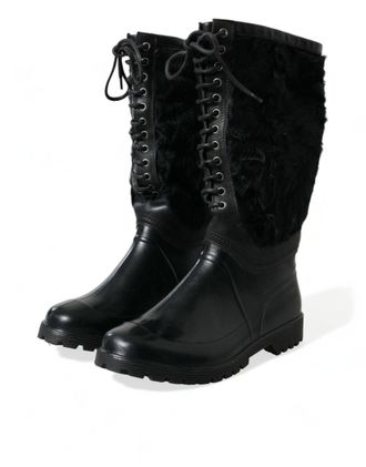 Dolce & Gabbana Mens Black Rubber Lace Up Shearling Rain Boots Shoes