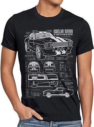 style3 GT500 Dessin Bleu Homme T-Shirt, Taille:XL, Couleur:Noir