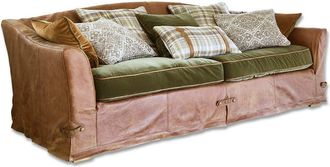 Loberon Sofa Halton, Hochwertige Rindsleder-Husse, Abriebfeste Samt-Sitzkissen, Verschiedene Zierkissen, Country-Flair, Couch, Sitzm&ouml;bel, Kautschukholz, Wolle