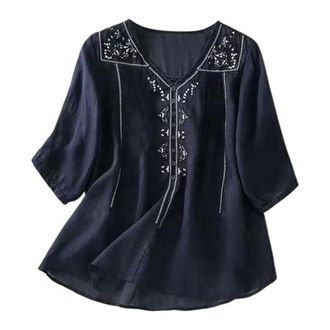Generic T-shirt en lin pour femme - Col en V - Broderie d&eacute;t&eacute; - Nouvelle chemise litt&eacute;raire ample, Marine, XXL