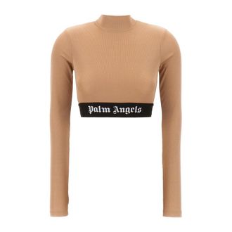 Palm Angels Cropped Top mit Logo - - Tops - Damen - Beige - M