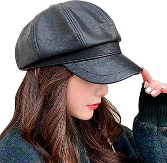 Feoya Béret Femme en Cuir Casquette Français Newsboy Gavroche Artiste de Peintre Chauffeur Noir Basque Vintage Rétro Octogonal Classique Automne Printemps V