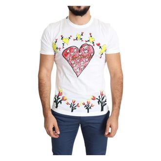 Dolce & Gabbana Homme, Tops, Blanc, Taille: XS Saint Valentine Hearts Print T-shirt