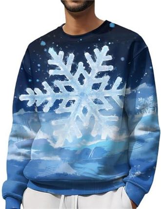 Generic Pull à col rond pour homme Imprimé Noël Col rond Polyester épais Simple Décontracté Manches longues Casual Sweatshirt, bleu, XXL