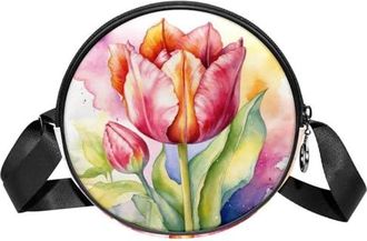 Generic Petit sac &agrave; bandouli&egrave;re circulaire pour femme, motif tulipes aquarelles, petit sac &agrave; dos &agrave; bandouli&egrave;re avec fermeture &eacute;clair, bretelles r&eacute;glables, sac