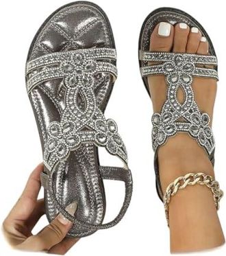 Generic Sandales plates avec strass pour femme - Large largeur - Confortables - Antid&eacute;rapantes - Style d&eacute;contract&eacute; - Sangle boh&egrave;me - Chaussures de marche r&eacute;gl