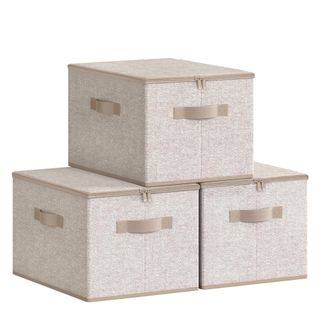 Songmics Aufbewahrungsbox mit Deckel, faltbare Stoffbox mit Griffen, Aufbewahrung f&uuml;r Kleidung, Vliesstoff, 3er Set, 40 x 30 x 25 cm, sandbeige RZB003K01