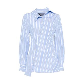 Jacquemus Femme, Blouses et Chemises, Bleu, Taille: 36 FR Chemise en Coton Bleu/Blanc avec Design Asymétrique