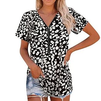 Janly T-shirt Imprim&eacute; Femme Haut d&eacute;t&eacute; en Mousseline de Soie avec Fermeture &Eacute;clair Demi-Boutonni&egrave;re Style D&eacute;contract&eacute; T-shirts Amusants pour Femmes T-shirt P