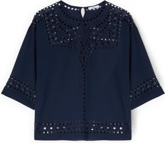 Motivi Femme, Blouses et Chemises, Bleu, Taille: 40 FR Blouse en georgette avec broderies ajour&eacute;es
