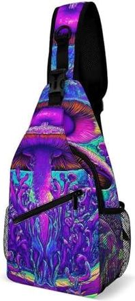 Generic Léger Sacoche Tactique Champignons trippants, monde magique et art lumineux Sling Bag Antivol,Polyester Crossbody Bag pour Homme Voyage Cyclisme
